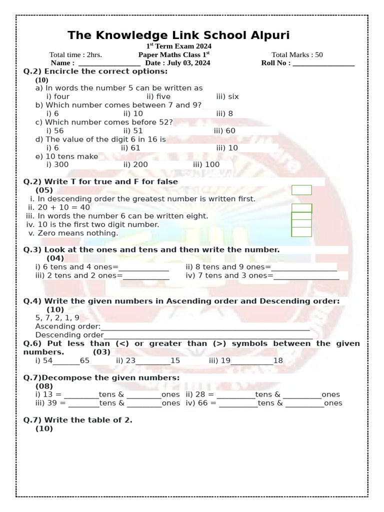 Maths 1st First Term 2024 | PDF