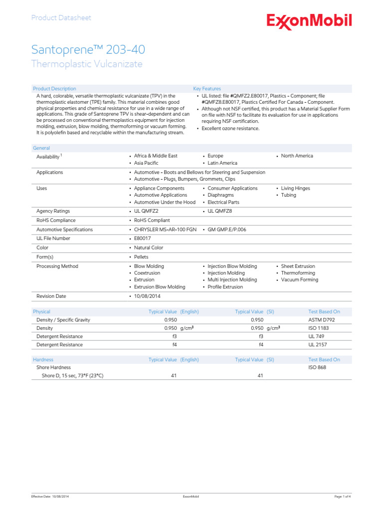 EXXONMOBIL - 艾克森美孚 - SANTOPRENE TPE 203-40物性表 | PDF