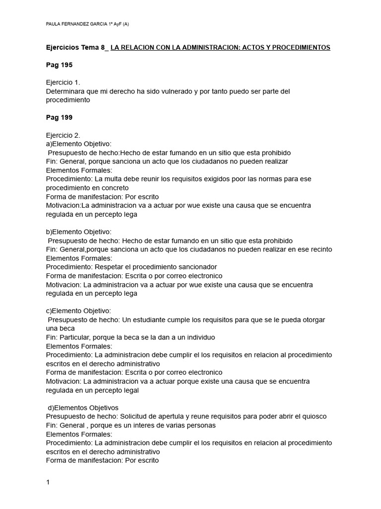 Ejercicios Tema 8_ LA RELACION CON LA ADMINISTRACION_ ACTOS Y PROCEDIMIENTOS | PDF