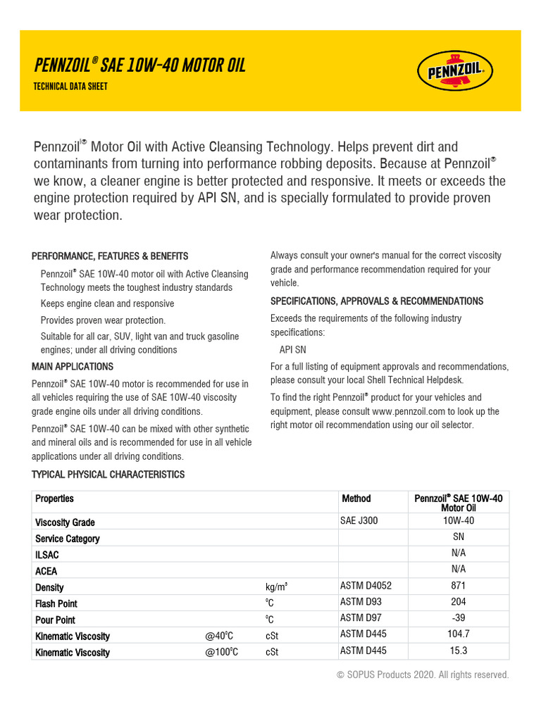 Pennzoil Sae 10W-40 Motor Oil: ® Technical Data Sheet | PDF | Motor Oil ...
