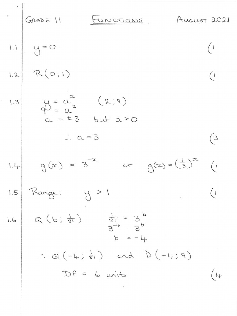GR 11 Functions Memo - August 2021 | PDF