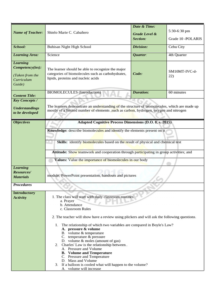 Name of Teacher: Date & Time: Grade Level & Section: School: Division: Learning Area: Quarter ...