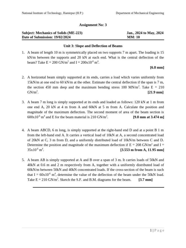 Mechanics of Material ME-223 - Assgn 3 | PDF