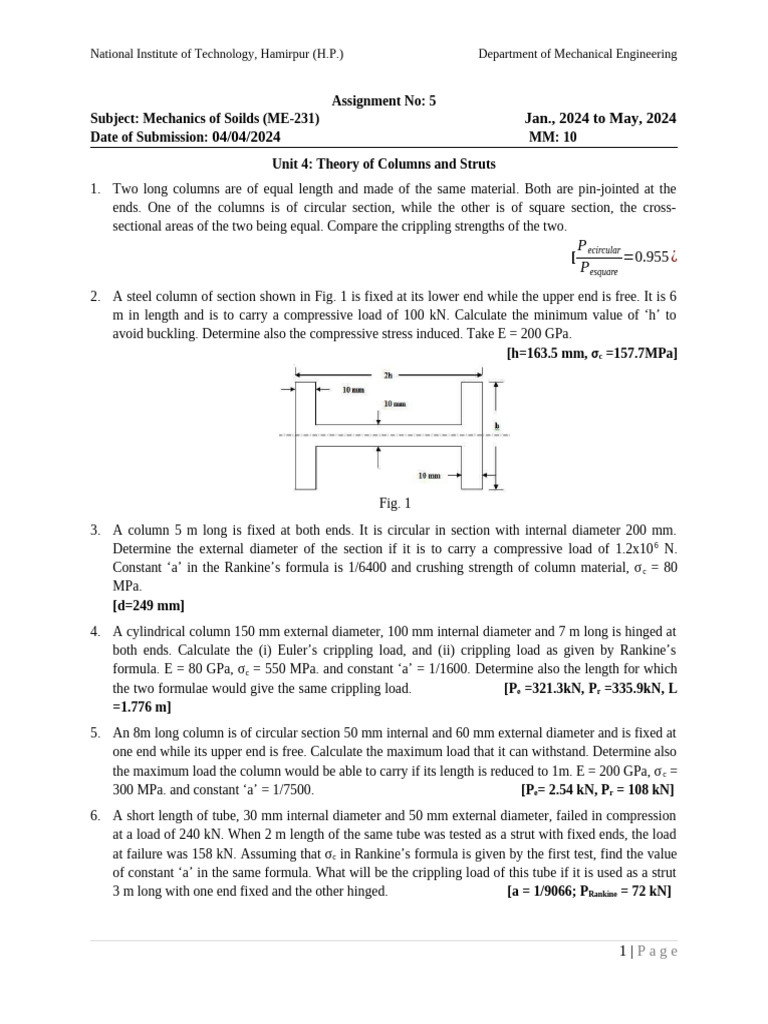 Mechanics of Material ME-223 - Assgn 5 | PDF