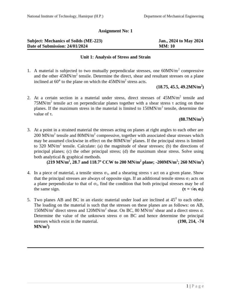 Mechanics of Material ME-223 - Assgn 1 | PDF