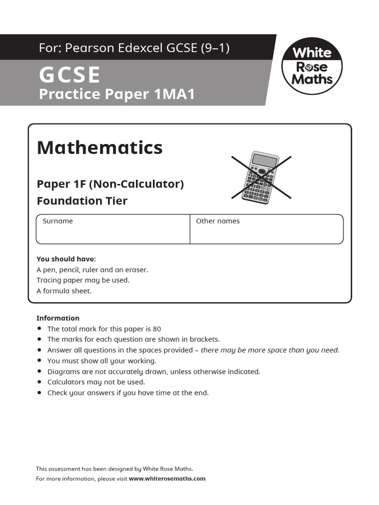 GCSE Mathematics Paper 1F (Non-Calculator) | PDF | Volume | Mathematics