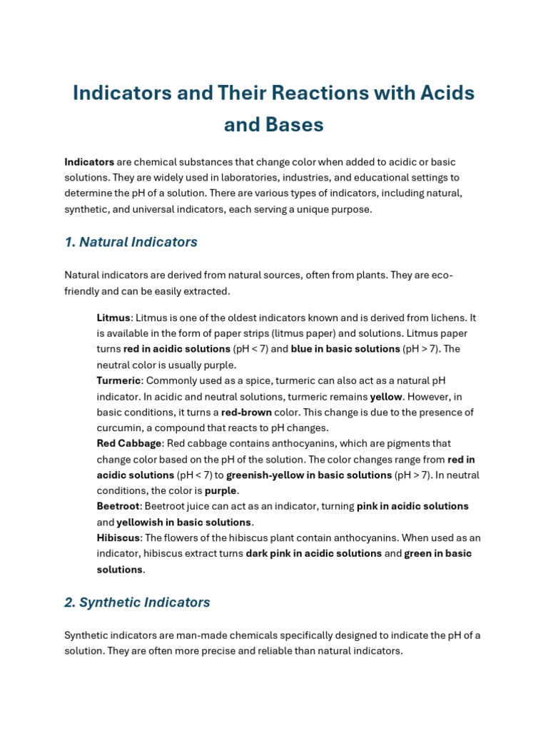 Indicators and Their Reactions With Acids and Bases | PDF