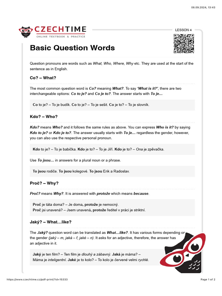 Personal — Lesson 4: Basic Question Words - Czech Time | PDF