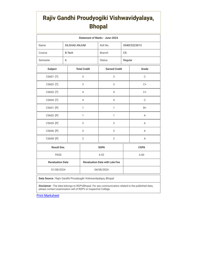 6th Sem Result RGPV | PDF