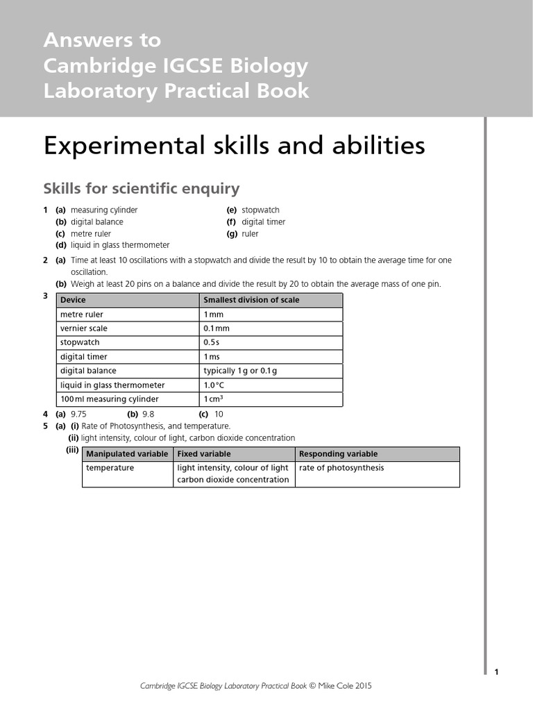 Cambridge IGCSE Biology Laboratory Practical Book Answer Hodder | PDF ...