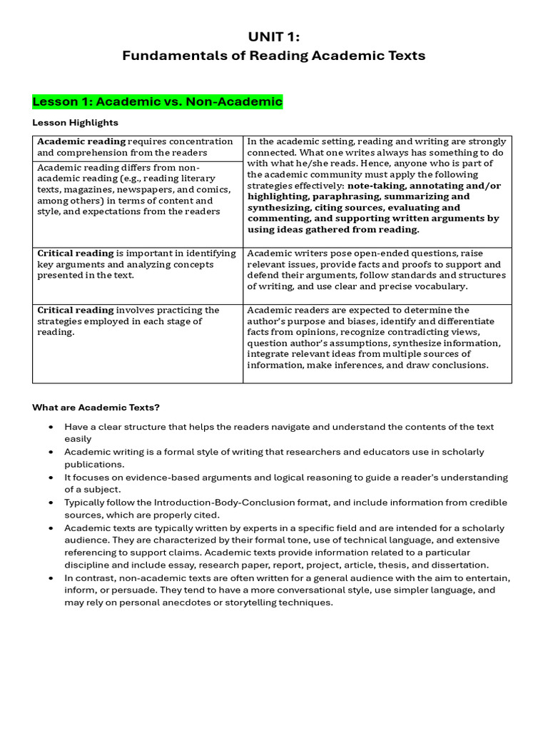 Lesson 1. Academic Text Vs Non-Academic Text | PDF