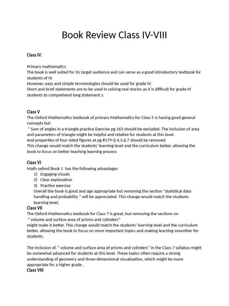Book Review Class IV | PDF
