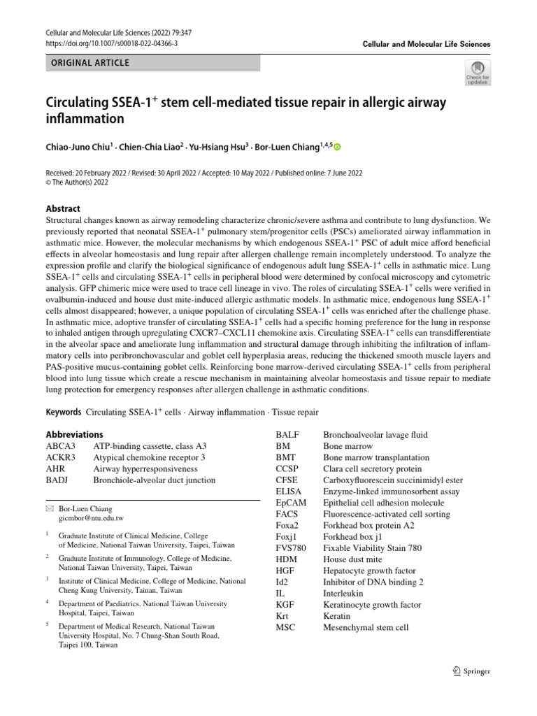 Circulating SSEA 1+ Stem Cell Mediated Tissue Repair in Allergic Airway ...
