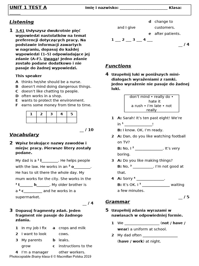 Brainy Kl6 Unit Test 1 A | PDF