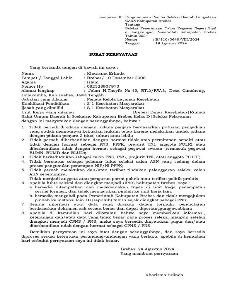 Format Surat Pernyataan Komitmen Terbaru | PDF