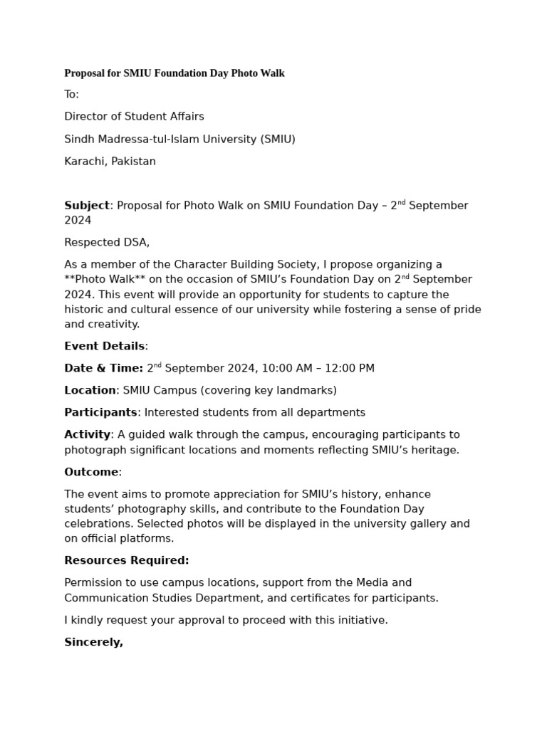 Proposal For SMIU Foundation Day Photo Walk: Subject | PDF