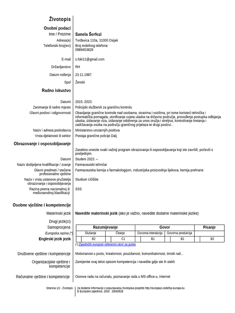 Obrazac Životopisa | PDF