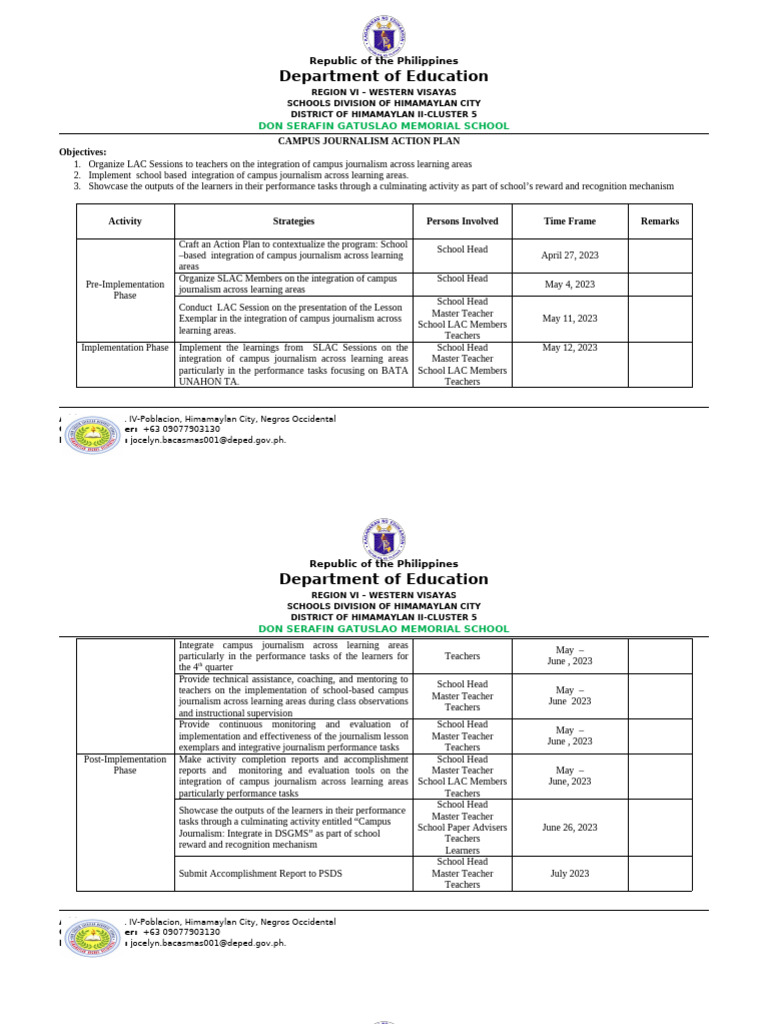Action Plan Campus Journalism | PDF
