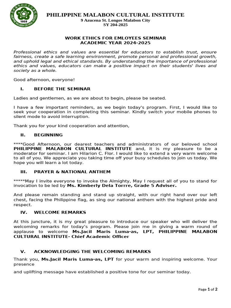 Script - Work Ethics For Emloyees Seminar | PDF