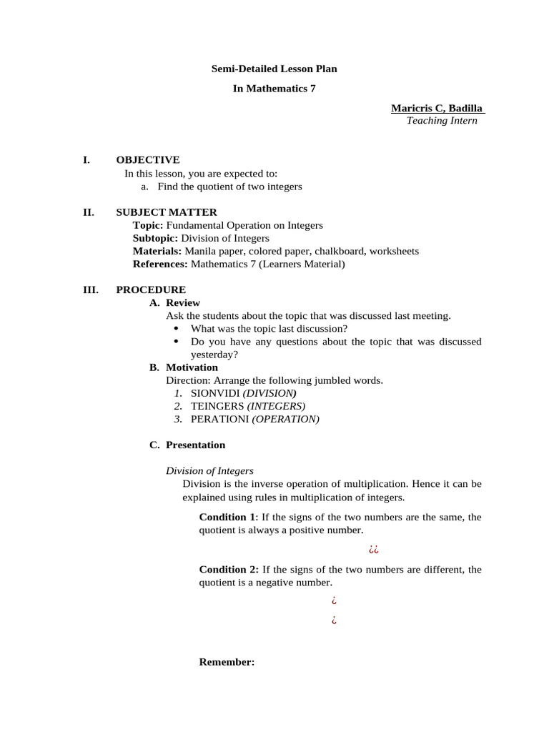Lesson Plan (Division of Integers) A4 1 | PDF