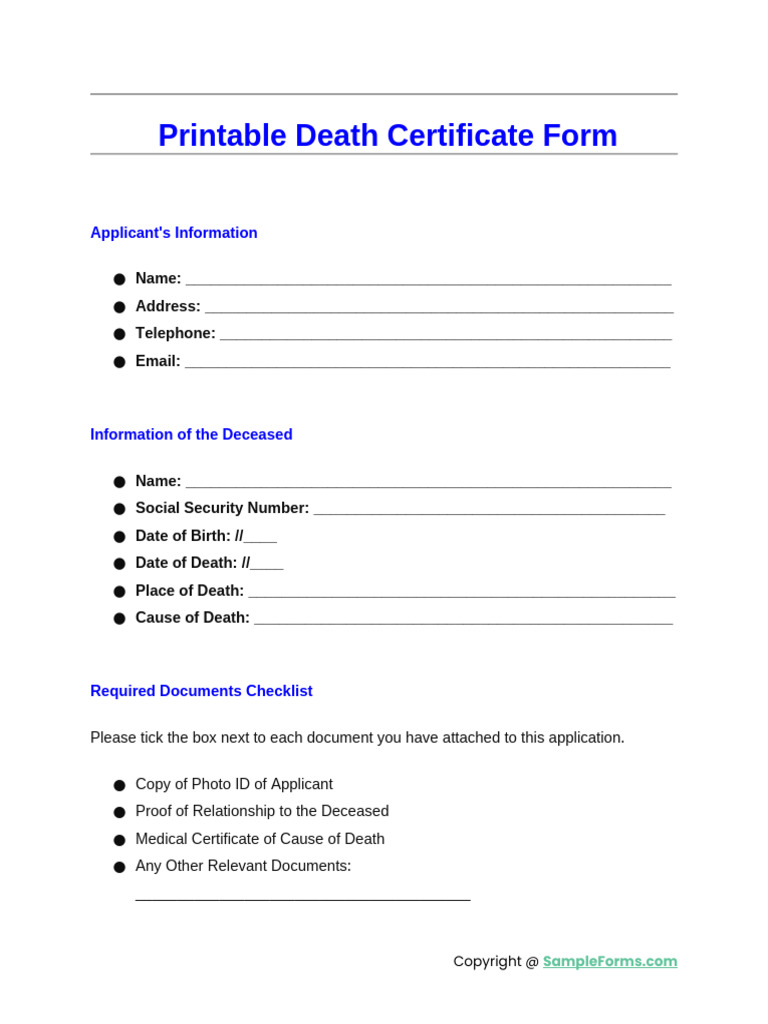Printable Death Certificate Form | PDF