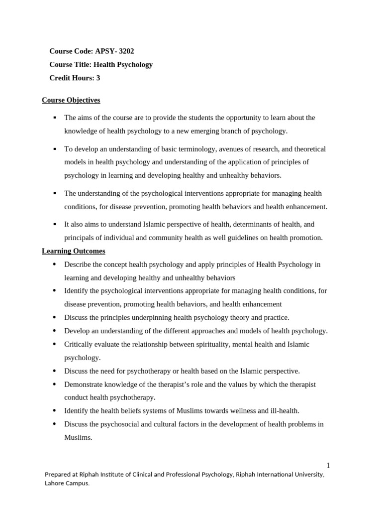 Health Psychology Course Outline | PDF