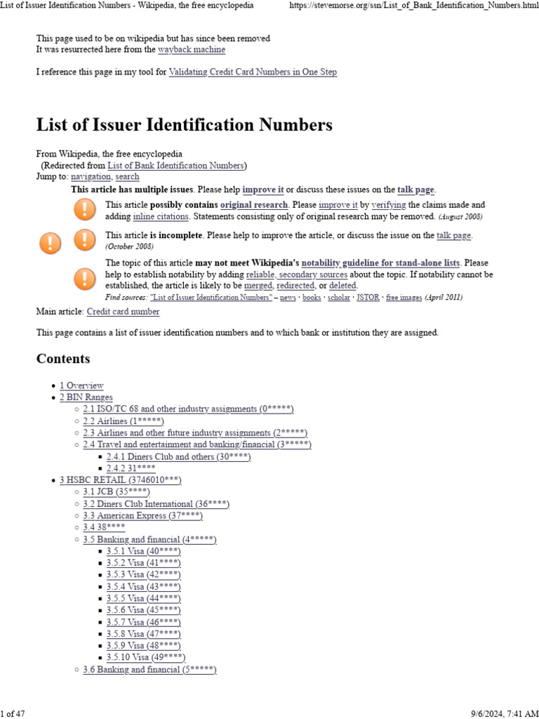 List of Issuer Identification Numbers - Wikipedia, The Free Encyclopedia | PDF