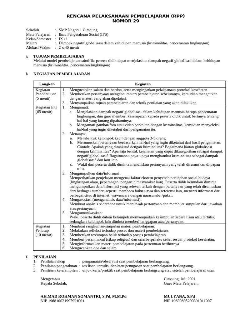 RPP 29 IPS KELAS 9 SMT1 2020-2021 (Damneg GLB 2) | PDF