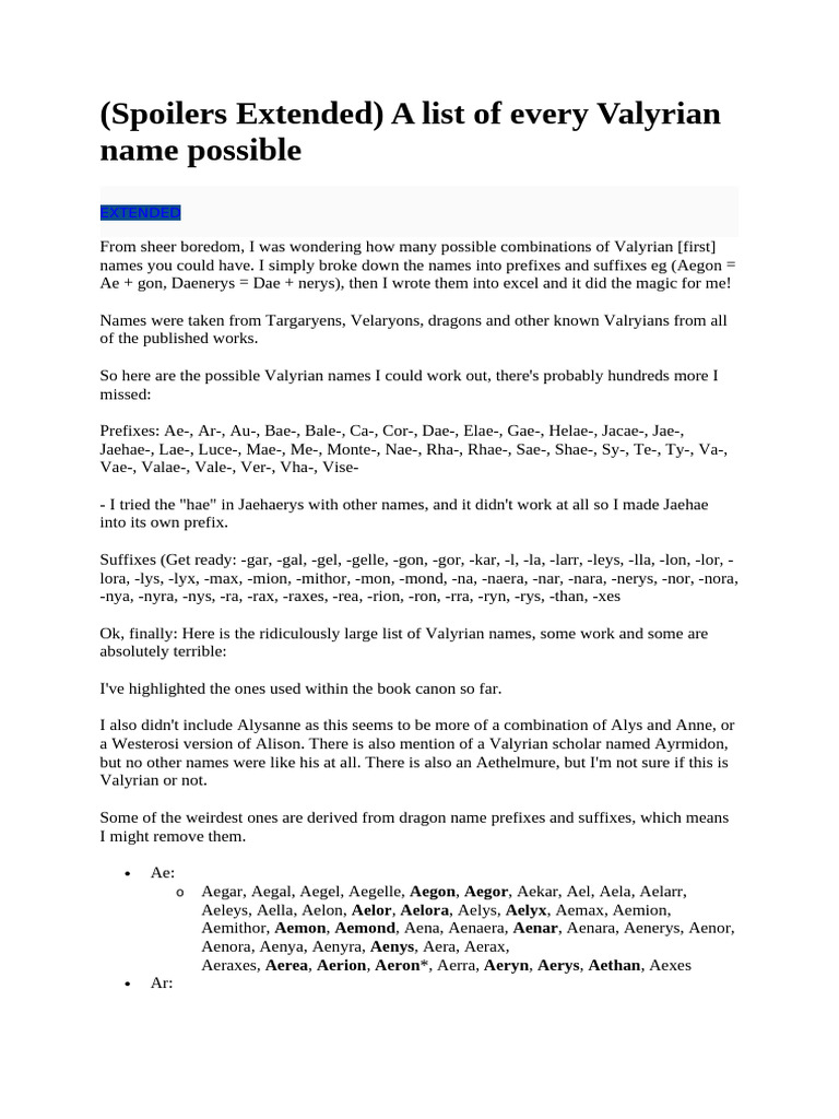 Valyrian Names | PDF