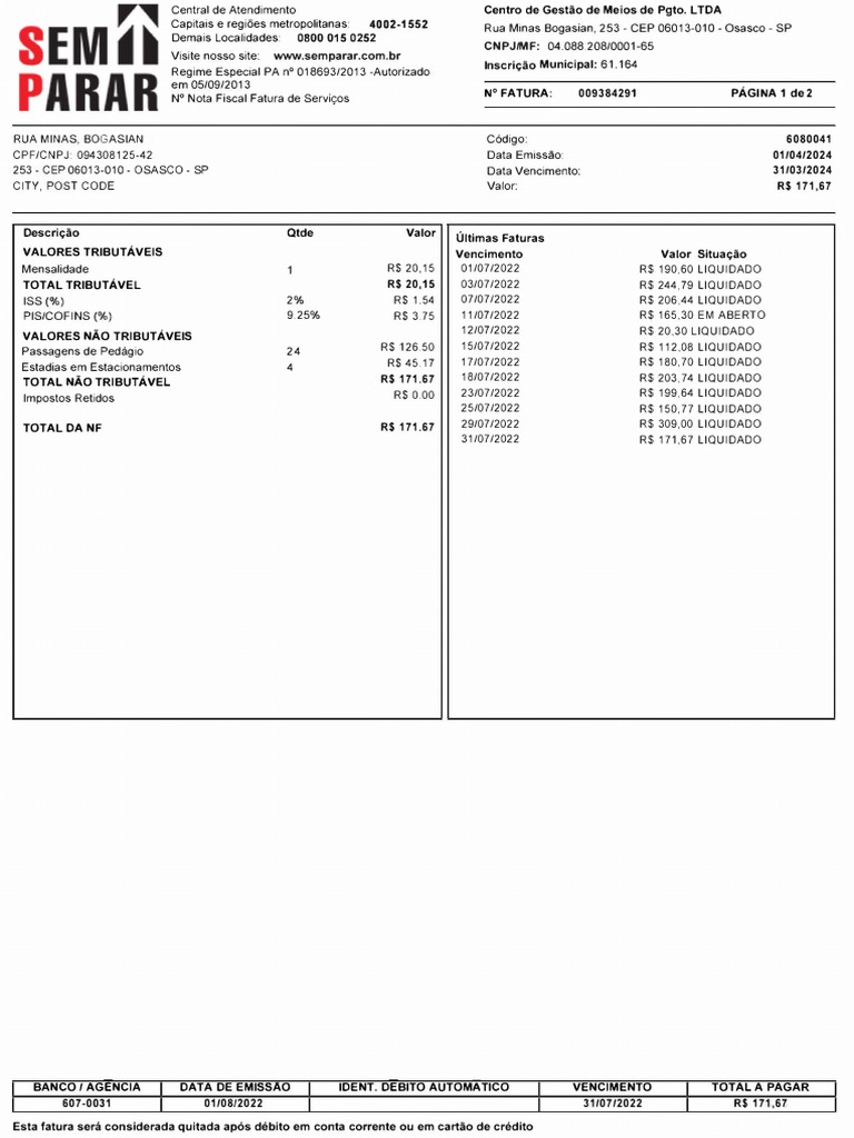 Brazil Semparar Fake Utility Bill EDITABLE | PDF