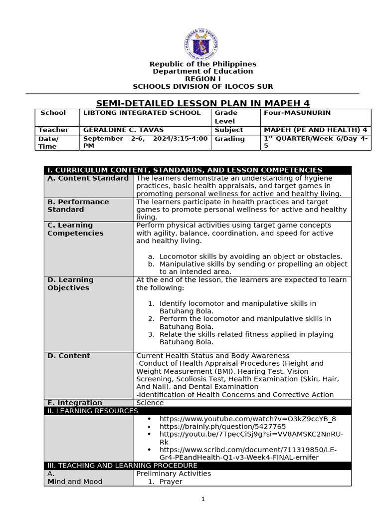 Lesson Plan in Grade 4-MAPEH-PE and Health-Quarter 1-Week 6-Day 4-5 | PDF
