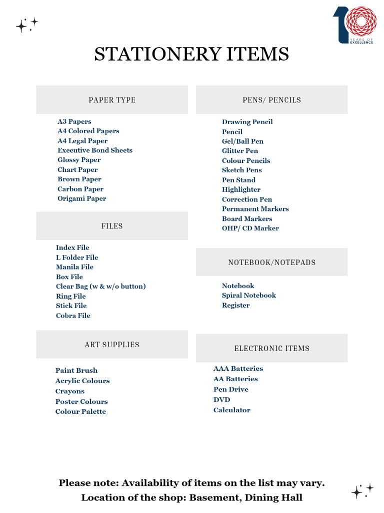 Stationary List | PDF