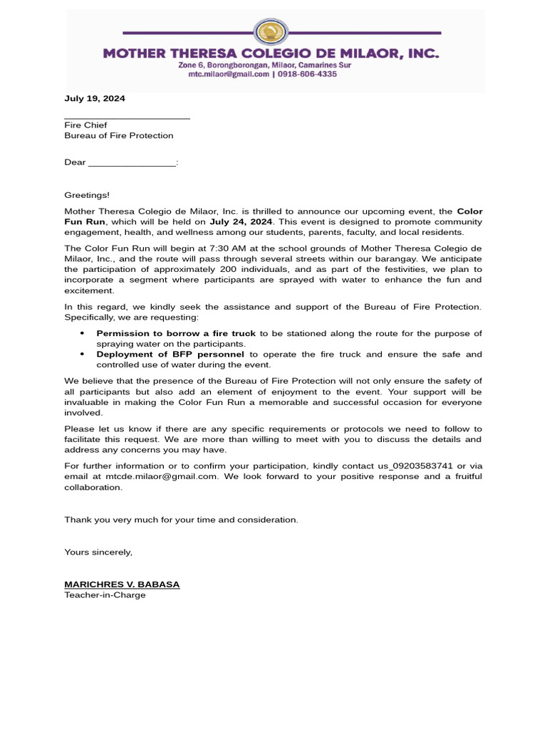 Letter For BFP (Color Fun Run) | PDF