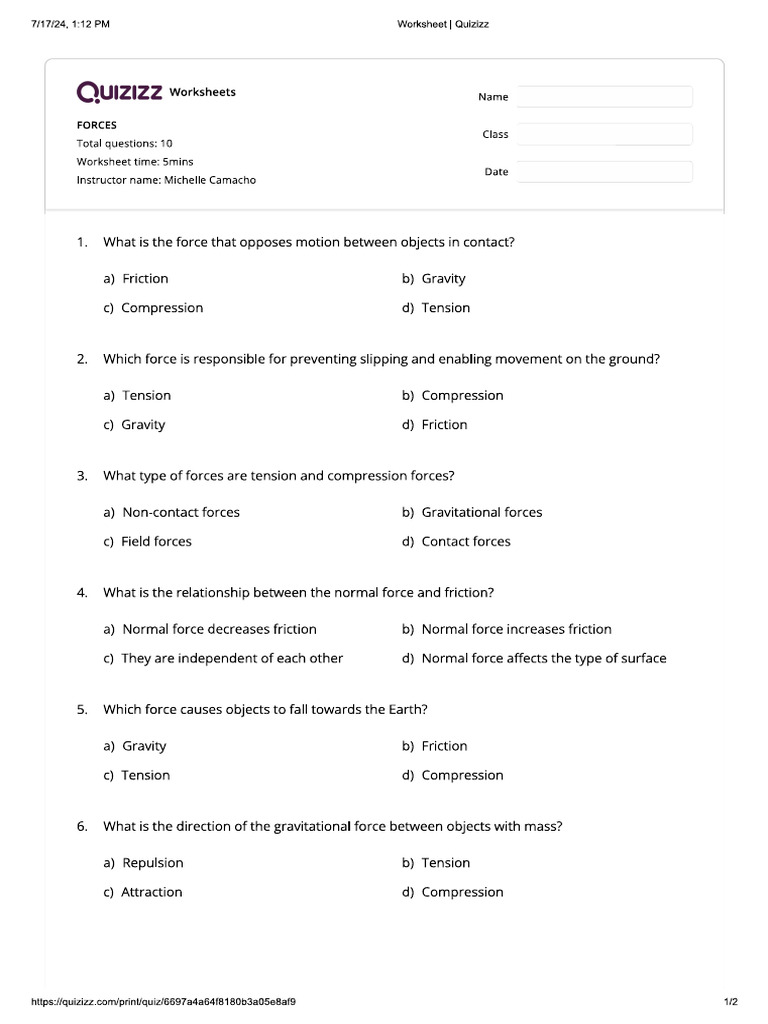 Forces Worsheet | PDF