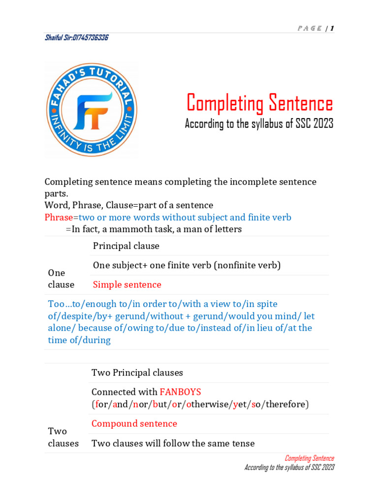 Completing Sentence (SSC 2023) | PDF