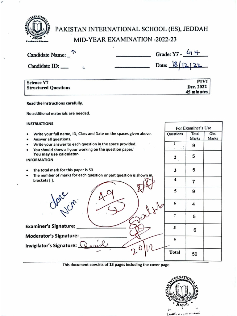 Y7 Science P1 Mid Yr Exam Solved | PDF