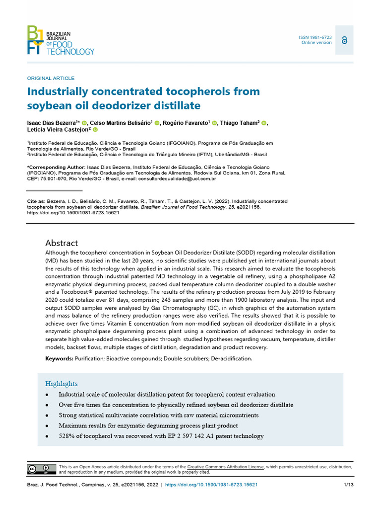 Industrially Concentrated Tocopherols From Soybean Oil Deodorizer Distillate | PDF