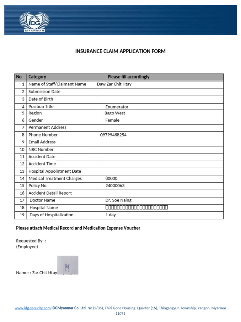 INSURANCE CLAIM APPLICATION FORM For Zar Chit Htay | PDF
