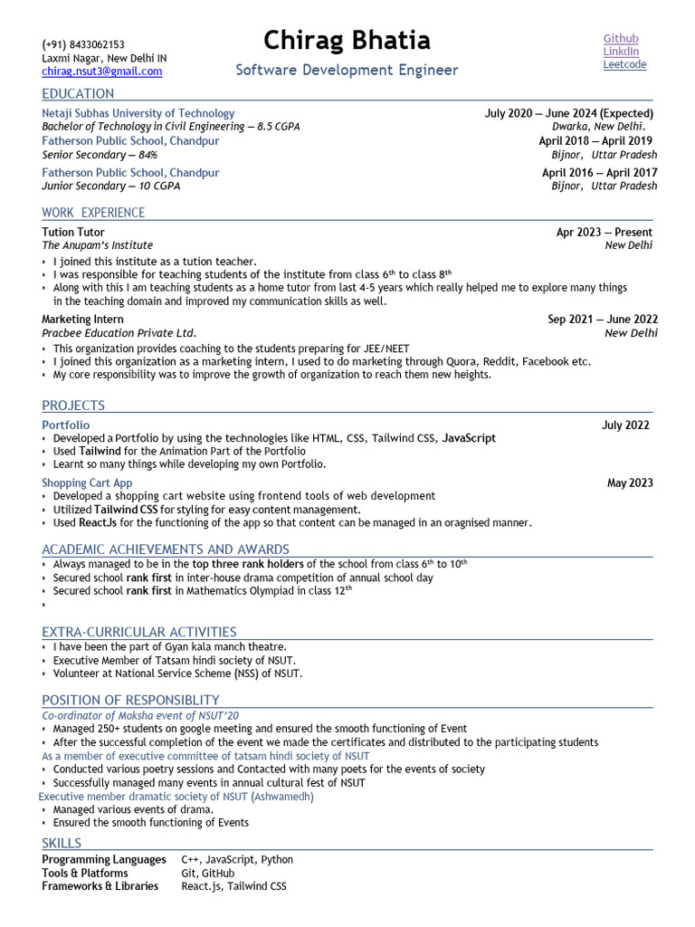 Chirag Bhatia SDE | PDF | World Wide Web | Career & Growth