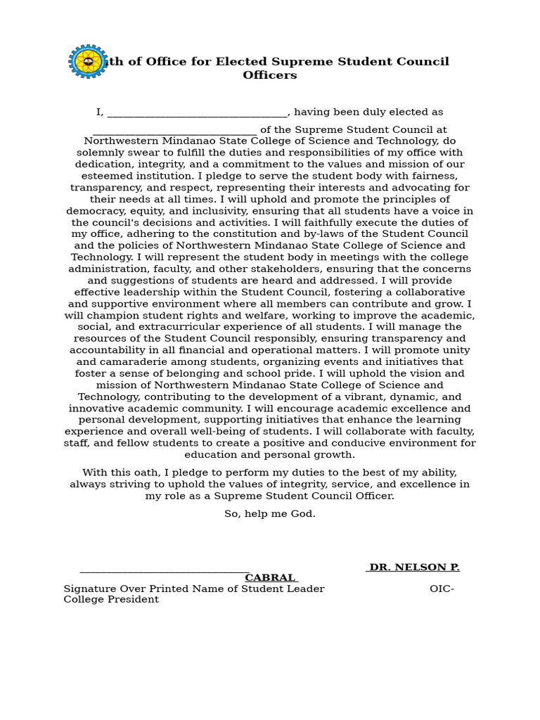 Student Council Oath of Office | PDF | Oath Of Office | Wellness