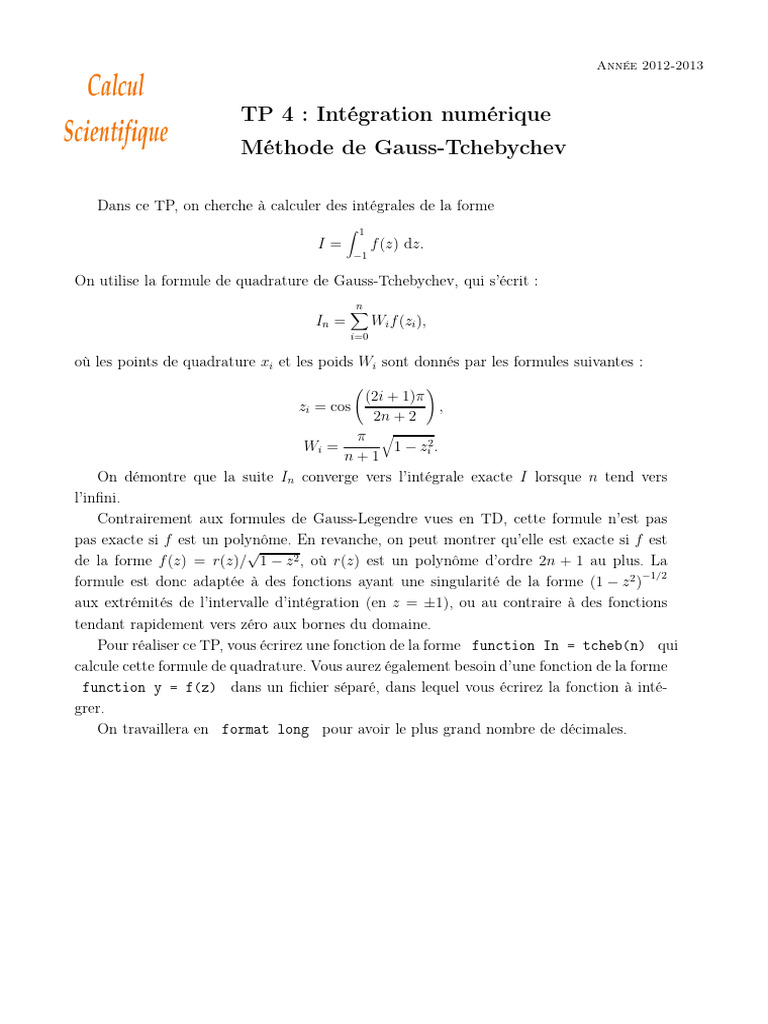 TP 4: Intégration Numérique Méthode de Gauss-Tchebychev: I F Z Z | PDF