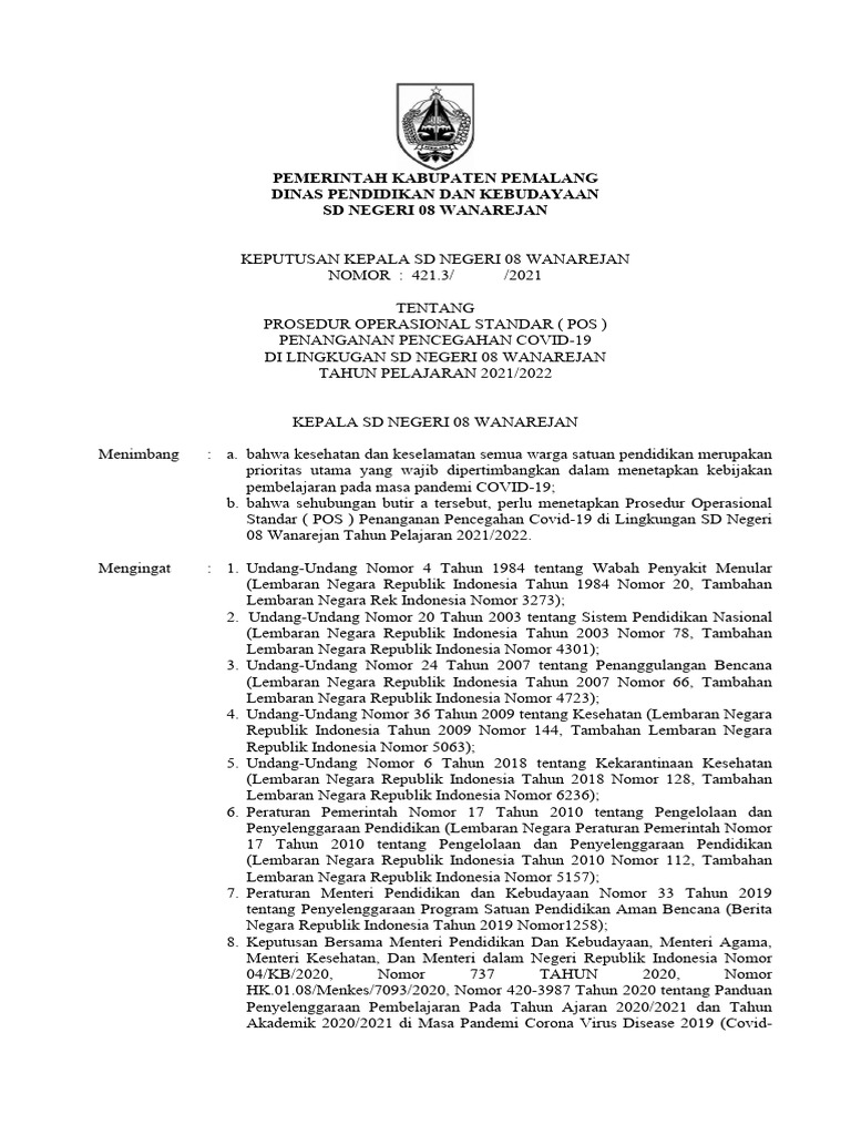 POS PENANGANAN Covid - 19 SDN 09 PURWOHARJO | PDF