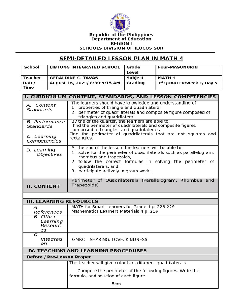 Lesson Plan in Grade 4 Math Quarter 1 Week 3 Day 5 | PDF