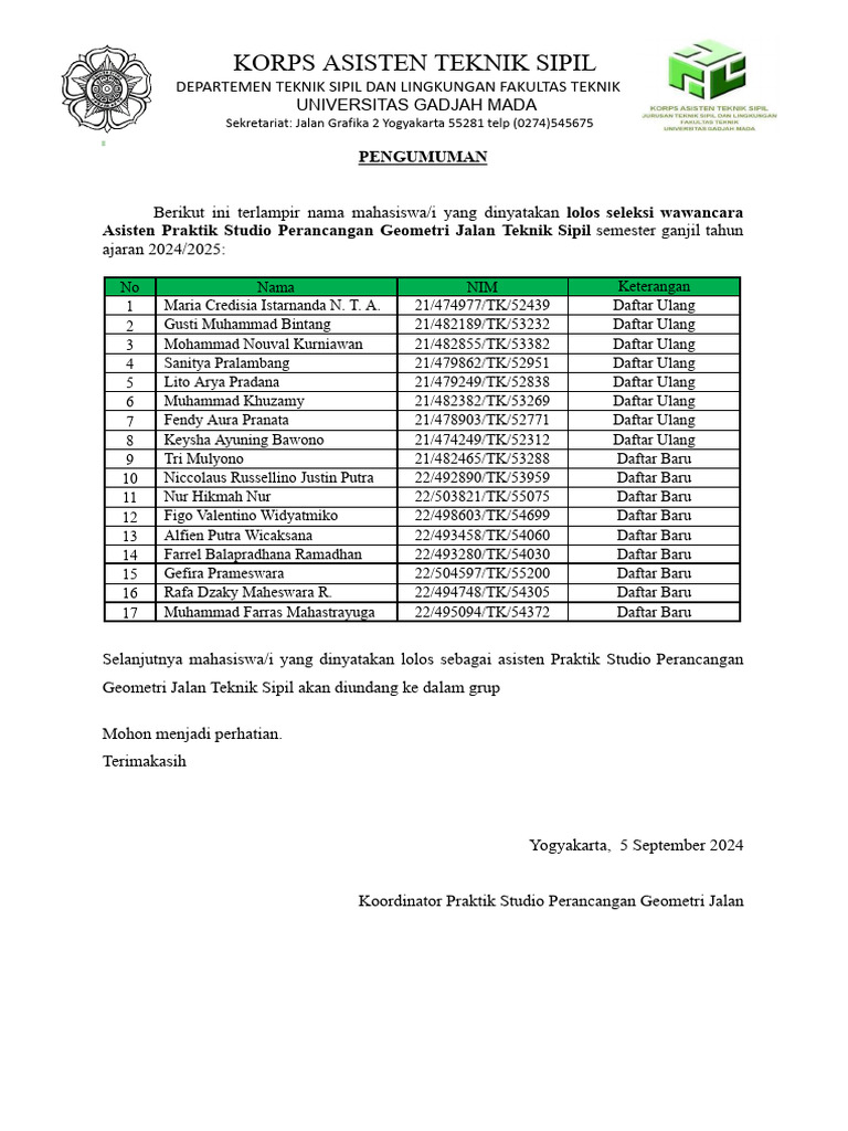 Pengumuman Lolos Seleksi Wawancara Asisten Praktik Studio Perancangan ... Pengumuman Lolos Seleksi Wawancara Asisten Praktik Studio Perancangan ...