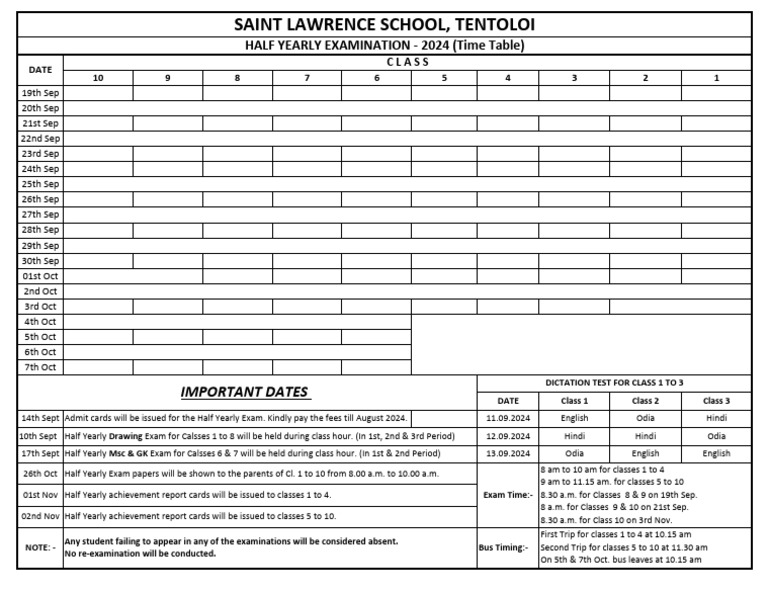 Half Yearly Time Table-2024 | PDF