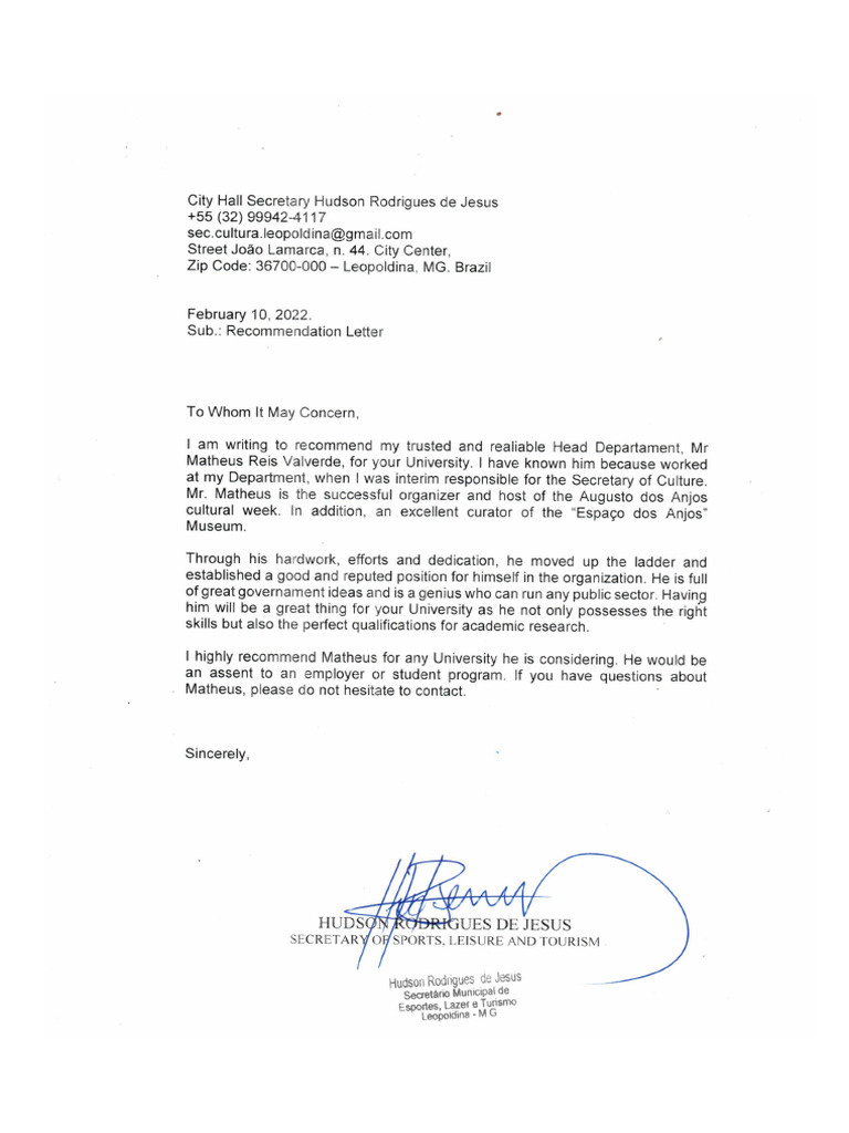 Recomendation Letter Secretário Word | PDF
