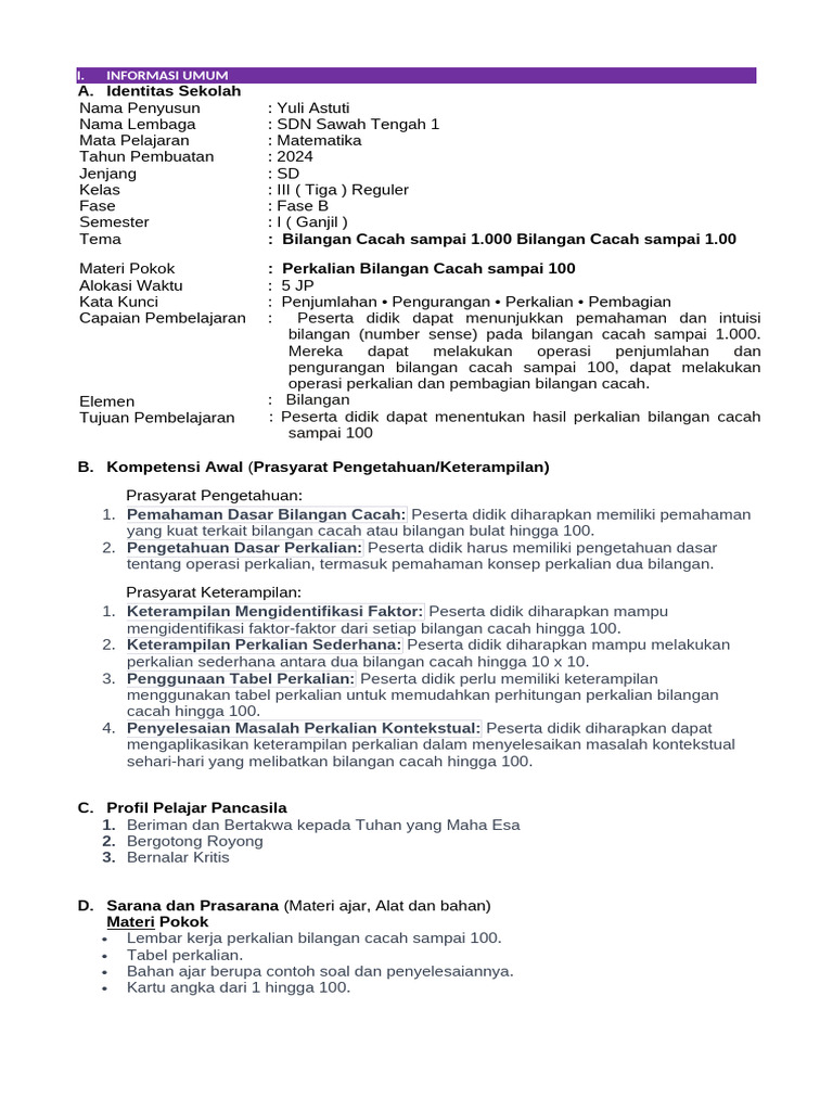 Modul Ajar Kelas 3 MTK | PDF