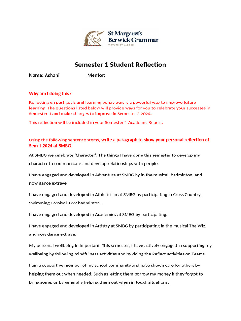 2024 Student Reflection S1 | PDF