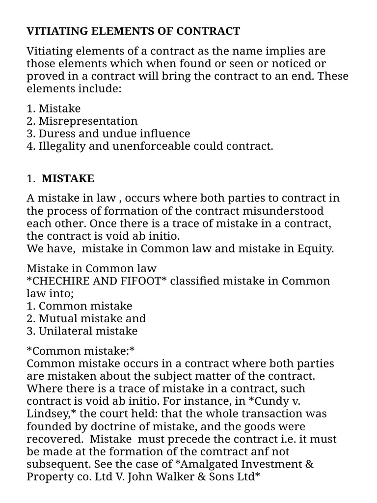 Vitiating Elements of A Contract by M.V. Ugochukwu | PDF | Misrepresentation | Law