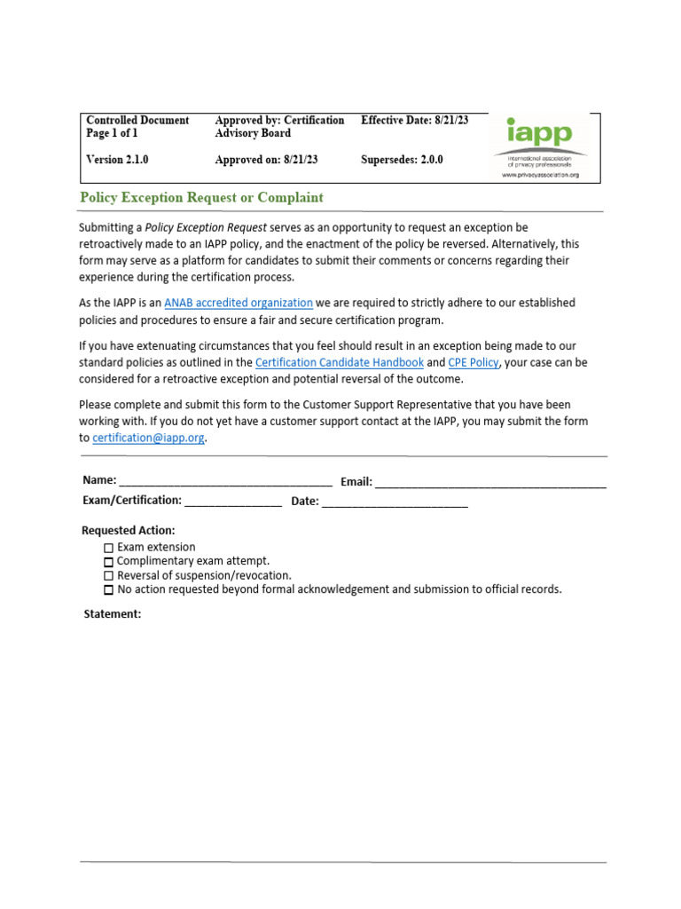 Policy Exception Request or Complaint | PDF